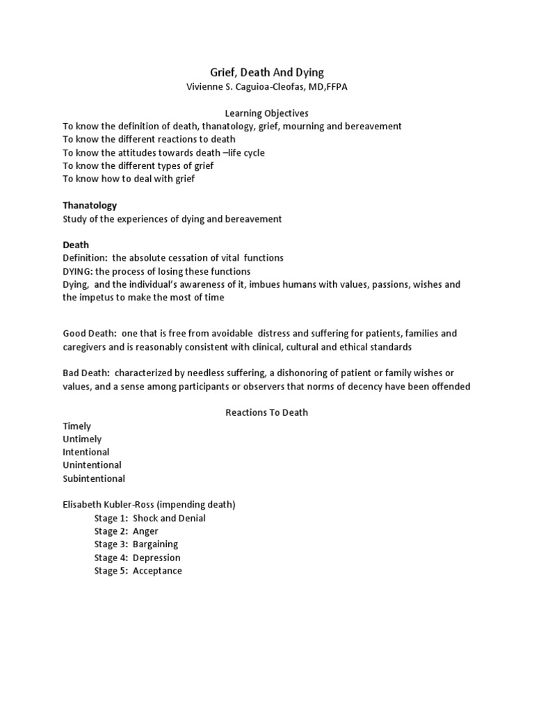 Grief Death and Dying Handout | PDF | Grief | Emotions