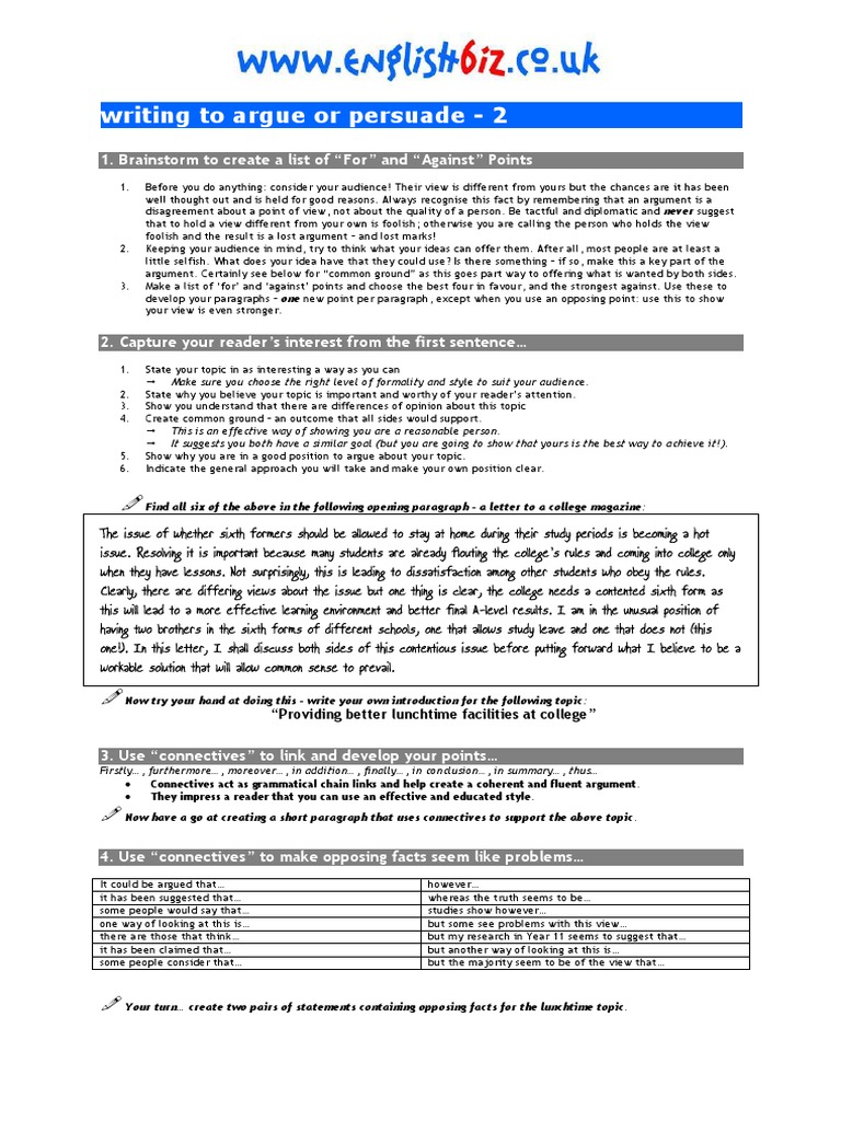 Writing To Argue or Persuade - 2: 1. Brainstorm To Create A List of ...