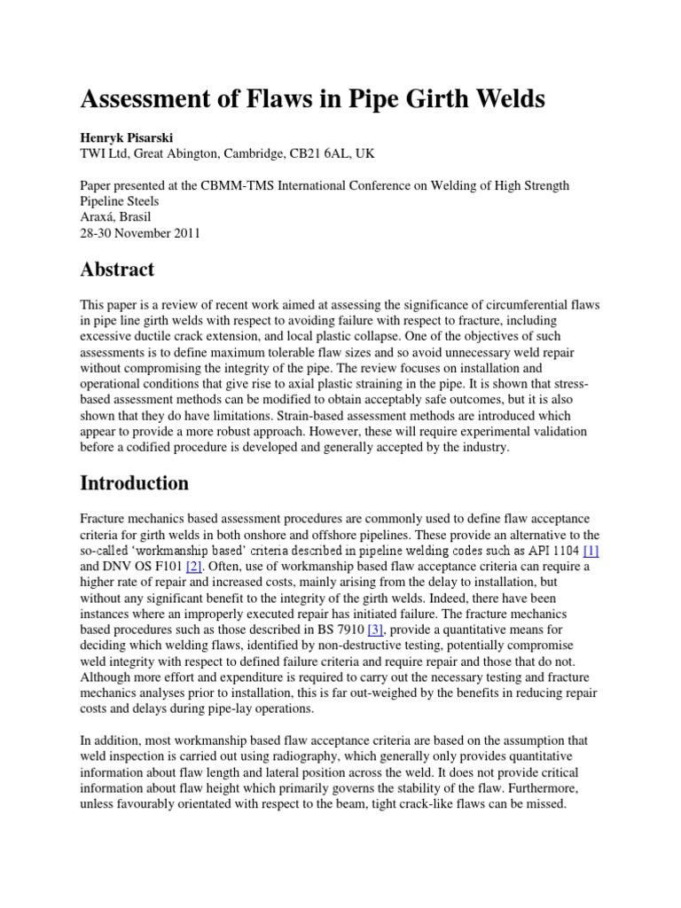 Assessment of Flaws in Pipe Girth Welds | PDF | Fracture | Fracture ...