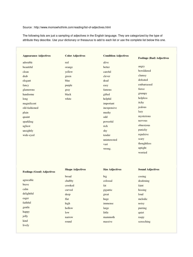 Appearance Adjectives Color Adjectives Condition Adjectives Feelings ...