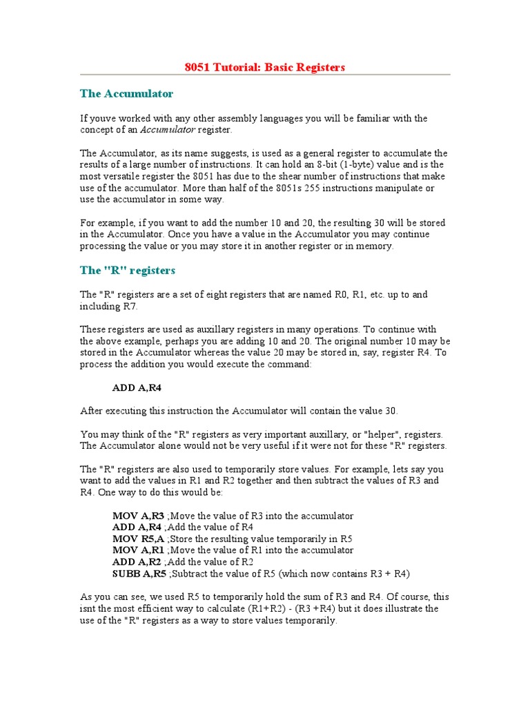 The Accumulator: 8051 Tutorial: Basic Registers | PDF | Instruction Set ...