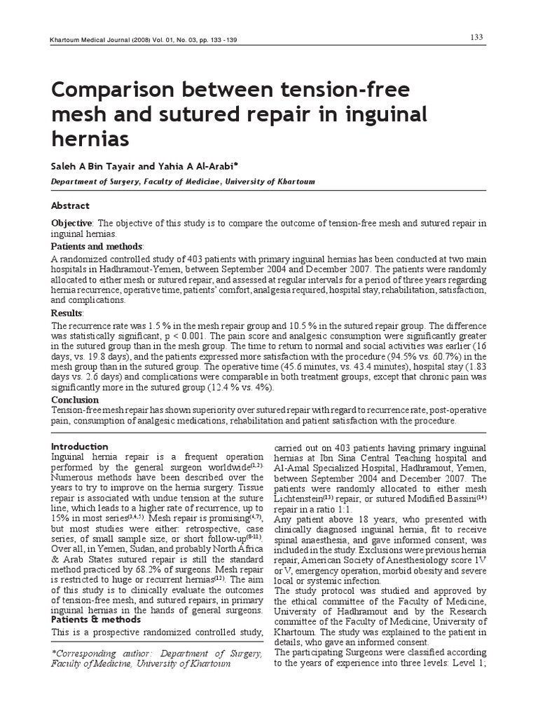 Comparison Between Tension-Free Mesh and Sutured Repair in Inguinal Hernias | PDF | Surgery ...