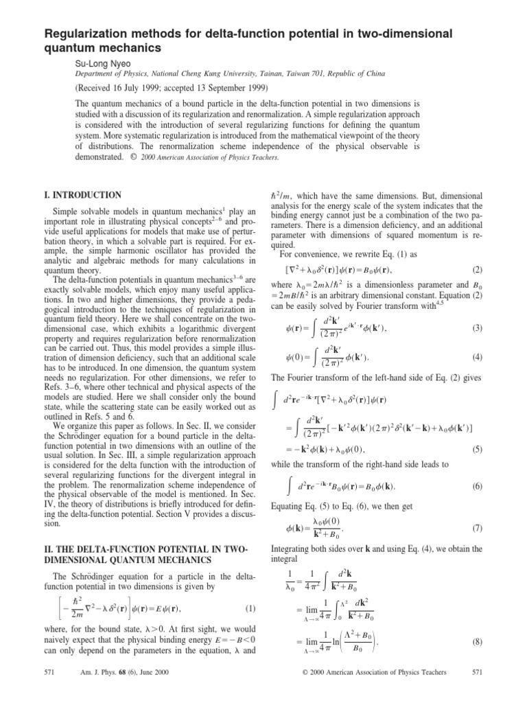 Regularization Methods For Delta-Function Potential in Two-Dimensional Quantum Mechanics | PDF ...