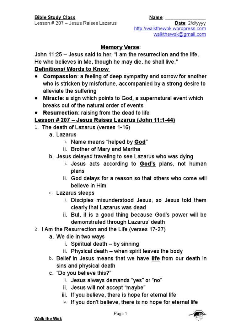 Bible Study Handout: Jesus Raises Lazarus | Lazarus Of Bethany ...