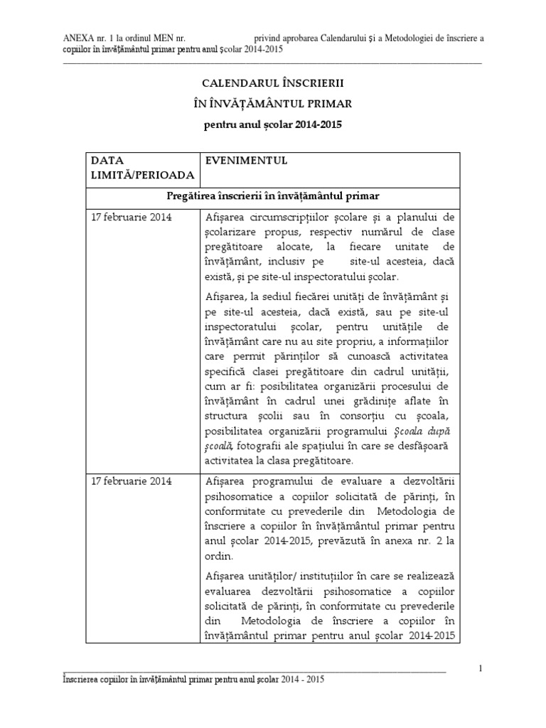 Calendarul Inscrierii in Invatamantul Primar 2014 2015 - Proiect | PDF