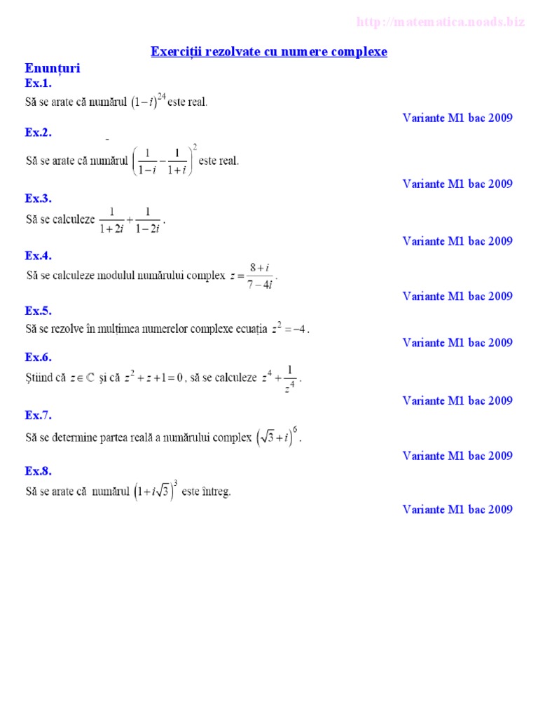 Numere Complexe Exercitii Rezolvate | PDF