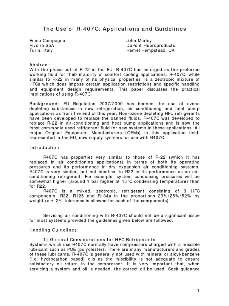 The Use of R-407C | PDF | Phase (Matter) | Air Conditioning