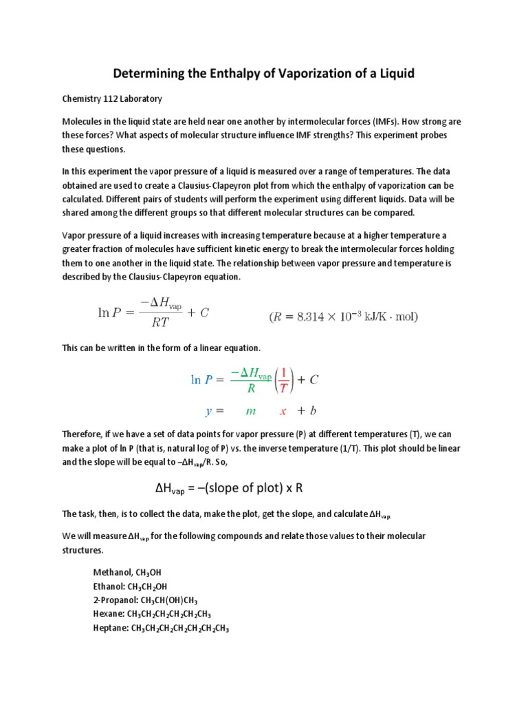 Enthalpy of Vaporization Lab | PDF | Chemical Polarity | Pressure