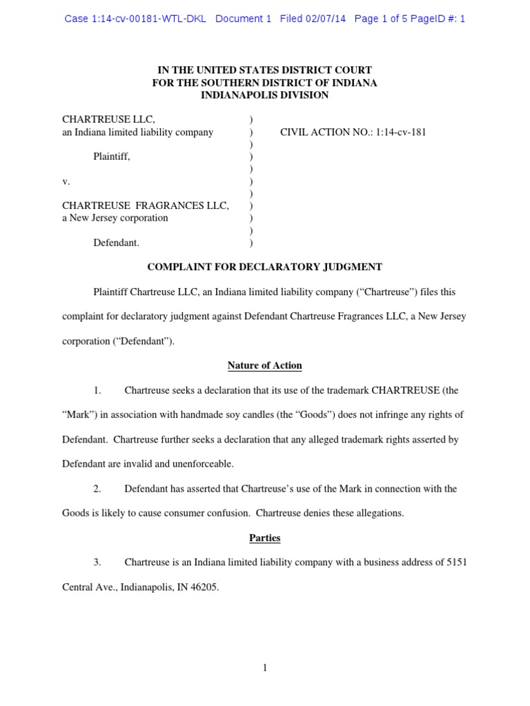 Chartreuse Complaint | PDF | Declaratory Judgment | Trademark