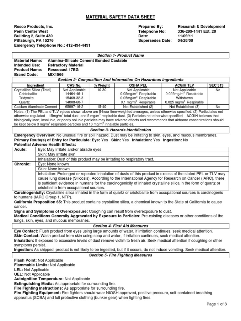 Rescocast 17EG MSDS | PDF | Personal Protective Equipment | Silicon Dioxide
