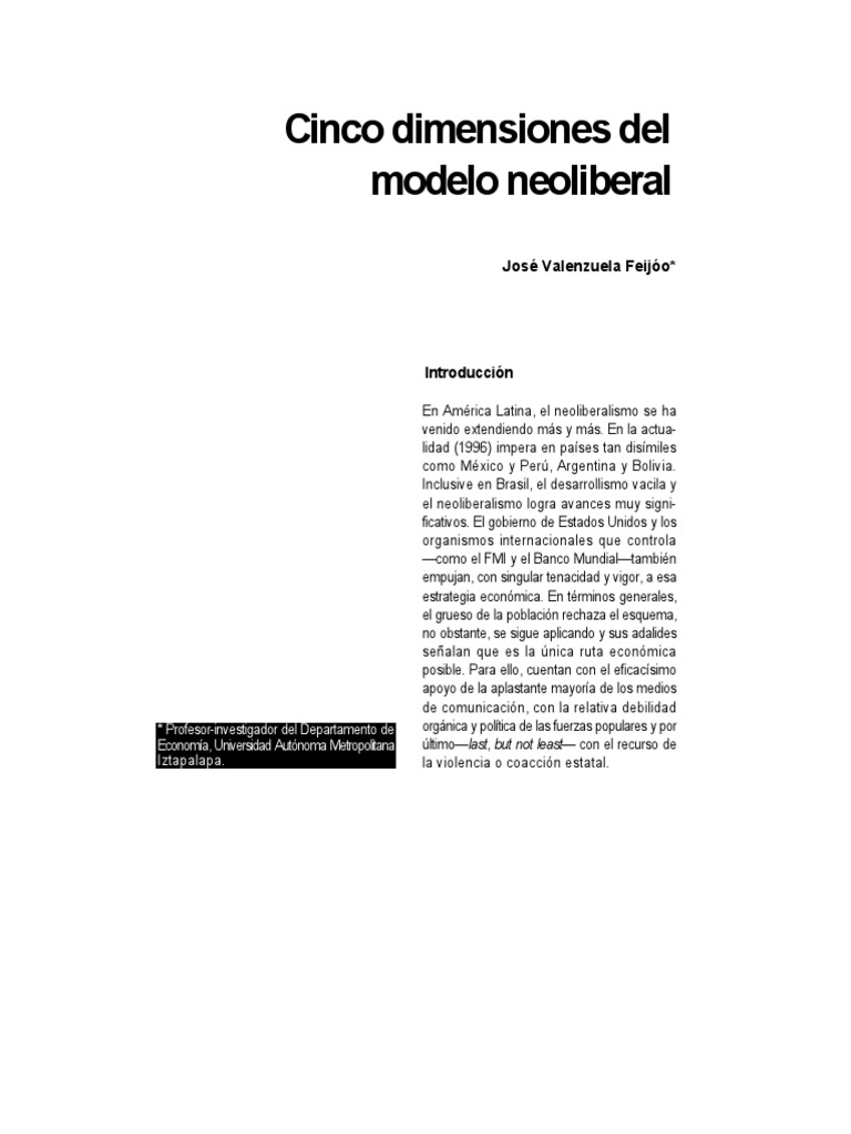 Cinco Dimensiones Del Modelo Neoliberal Jose Valenzuela Feijoo | PDF ...