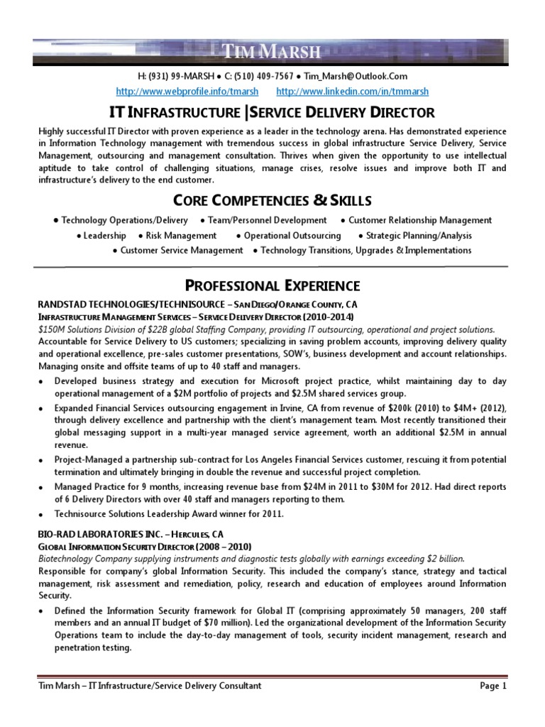 Director IT Infrastructure Service Delivery in San Diego CA Resume Tim ...
