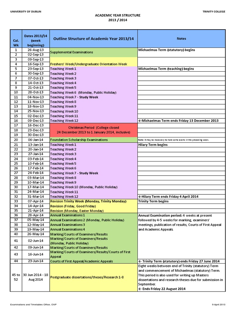 Trinity College Dublin Academic Calendar 2013/14 | PDF | Academic Term ...