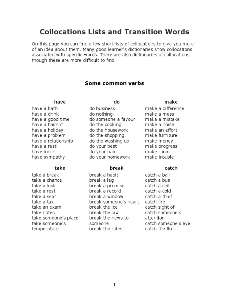 Collocations Lists and Transition Words | PDF | Sentence (Linguistics ...