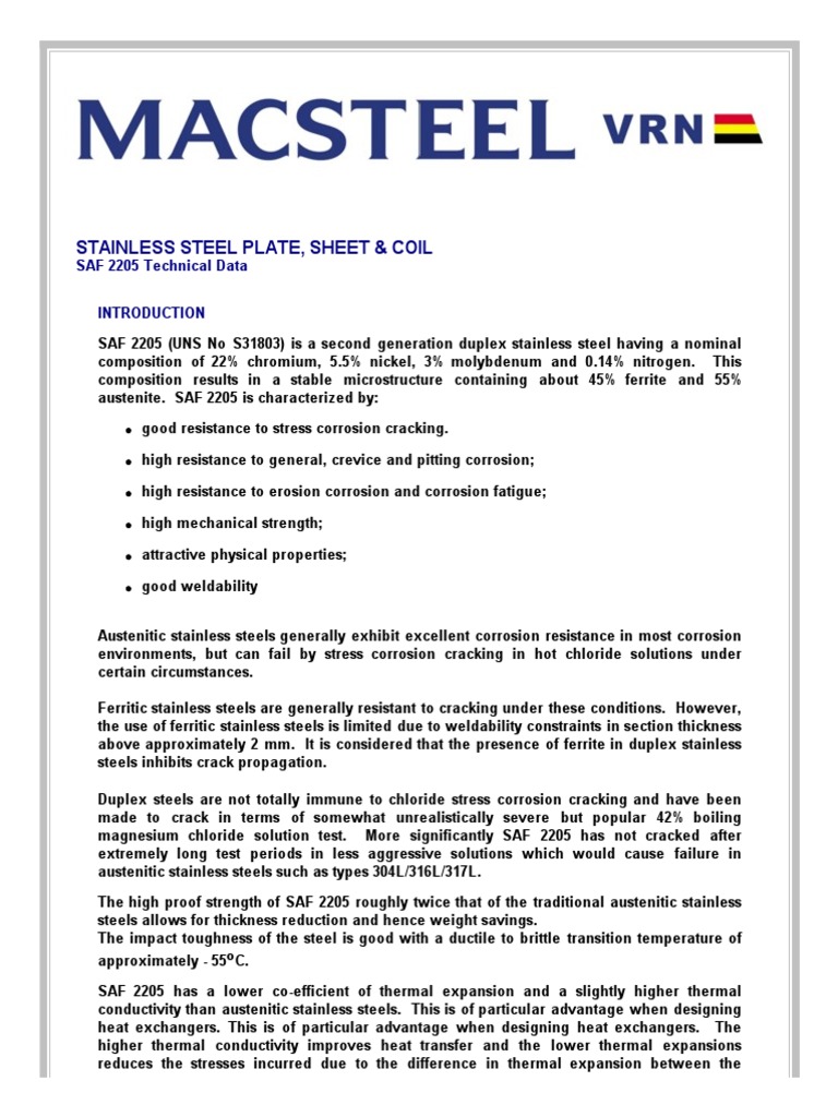 Saf - 2205 Technical Datasheet | PDF | Joining | Stainless Steel