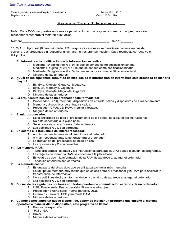 Examen De Hardware Pdf Memoria Del Ordenador Unidad Central De
