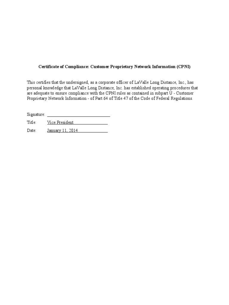 CPNI-Certificate of Compliance '13-LLD | PDF | Business | Finance ...