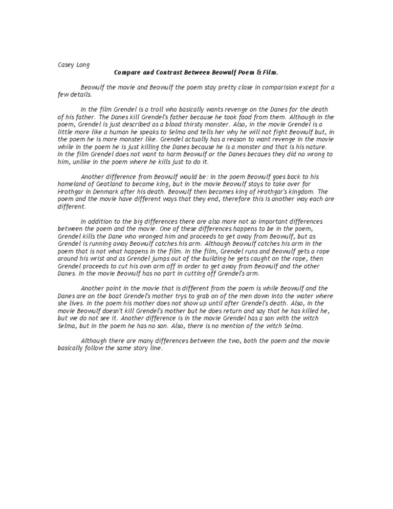 Casey Long Compare and Contrast Between Beowulf Poem & Film. | PDF ...