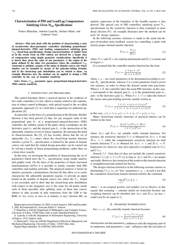 Characterization of PID and Lead/Lag Compensators Satisfying Given Specifications | PDF ...