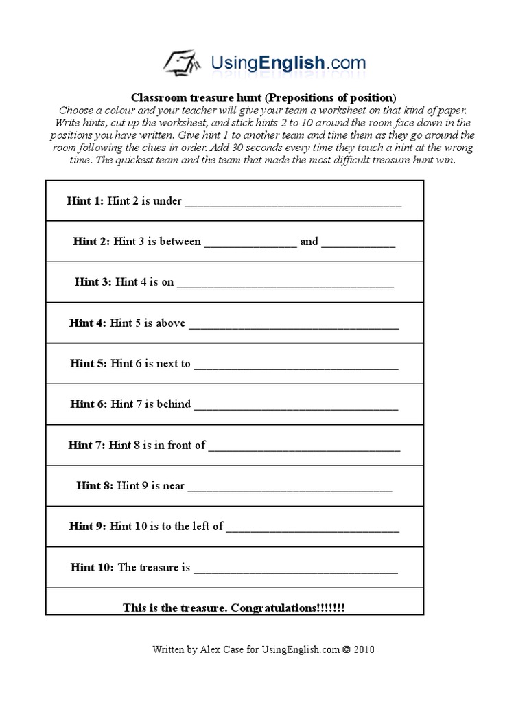 Classroom Treasure Hunt Prepositions | PDF