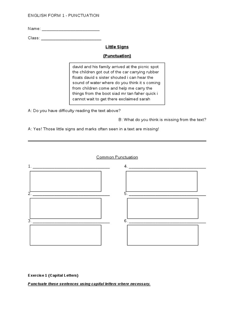 English Form 1 Exercises Punctuation. | PDF | Punctuation