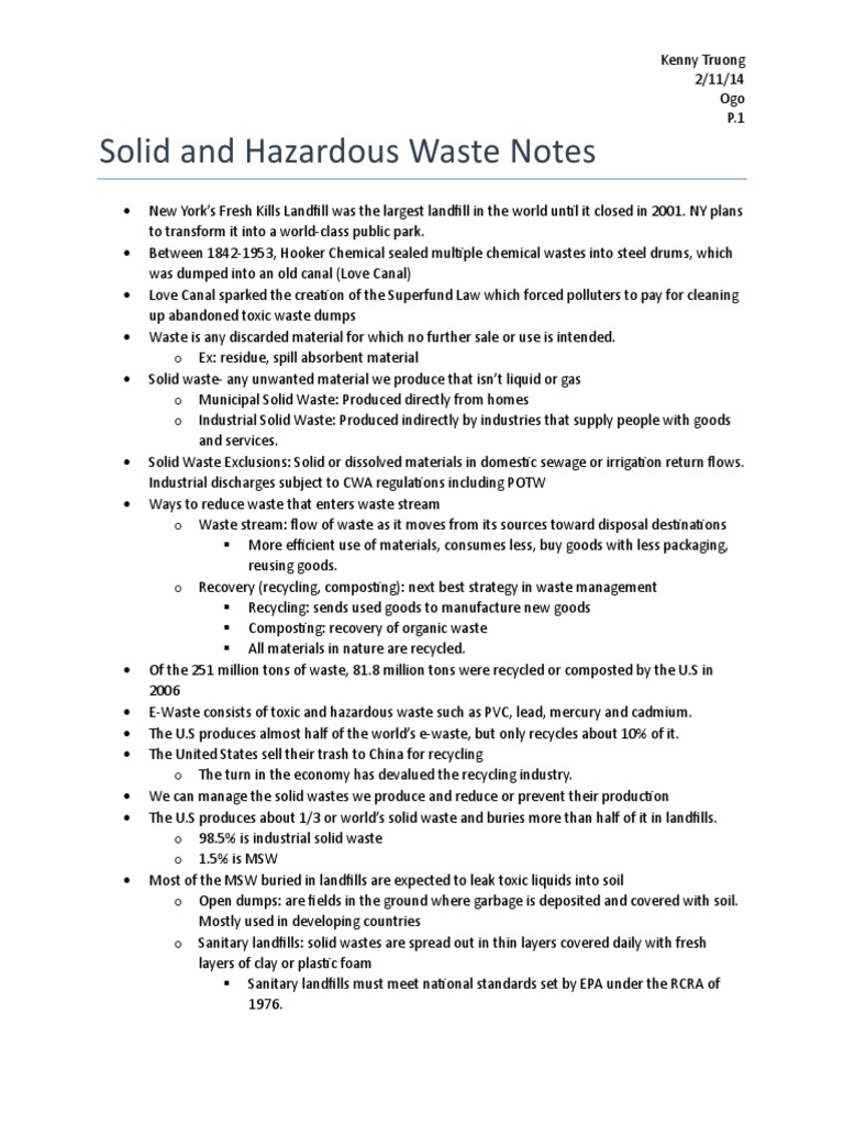Solid and Hazardous Waste Notes | PDF | Municipal Solid Waste | Waste