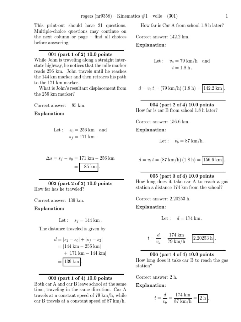 Kinematics Answers | PDF | Velocity | Speed