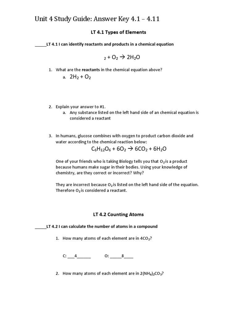unit 4 study guide- answer key 4 1 4 11 | Mole (Unit) | Chemistry