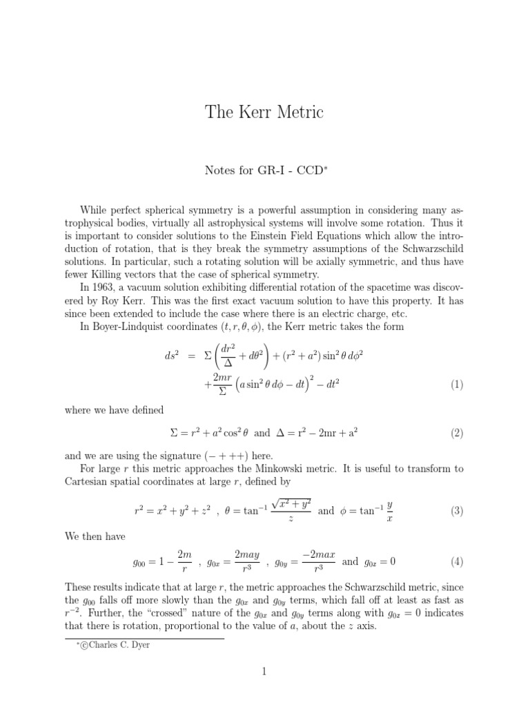 The Kerr Metric: Notes For GR-I - CCD | PDF | Spacetime | Differential ...