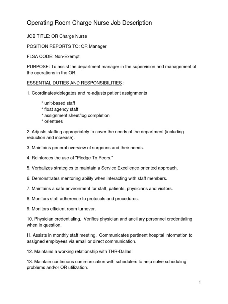 Operating Room Charge Nurse Job Description | PDF | Physician | Nursing