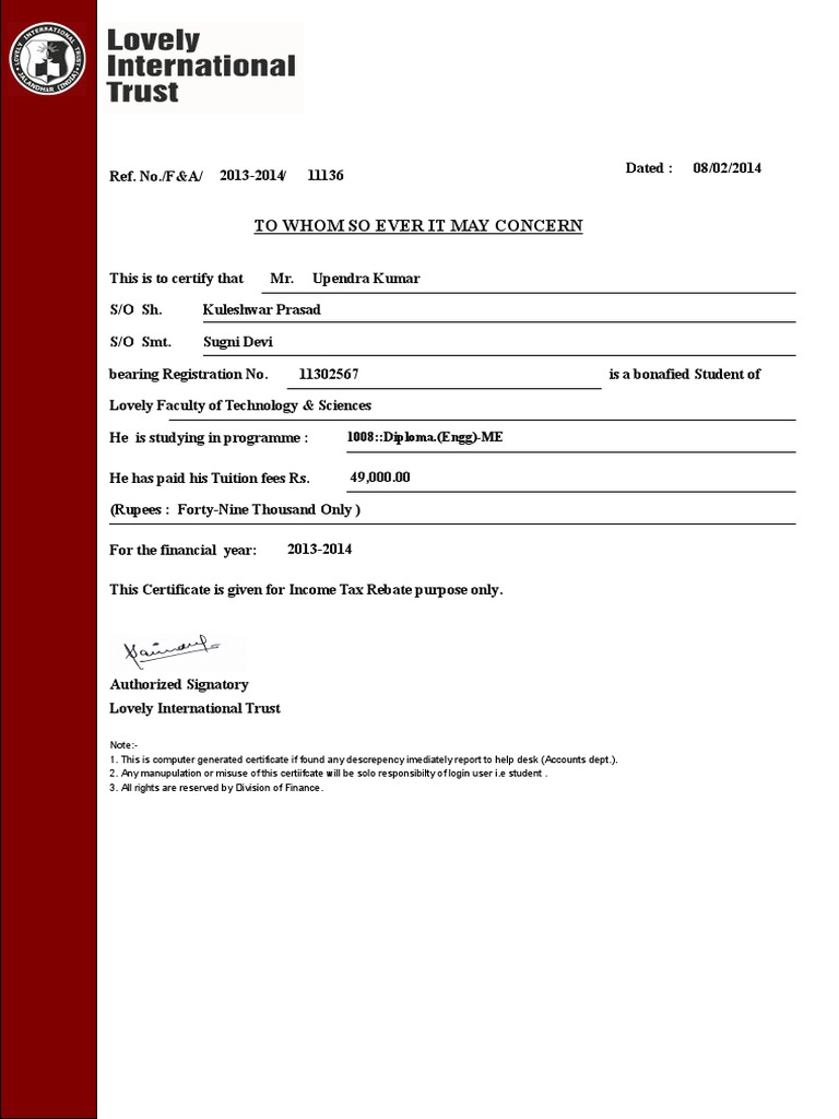 Tuition Fee Certificate for Tax Rebate | PDF