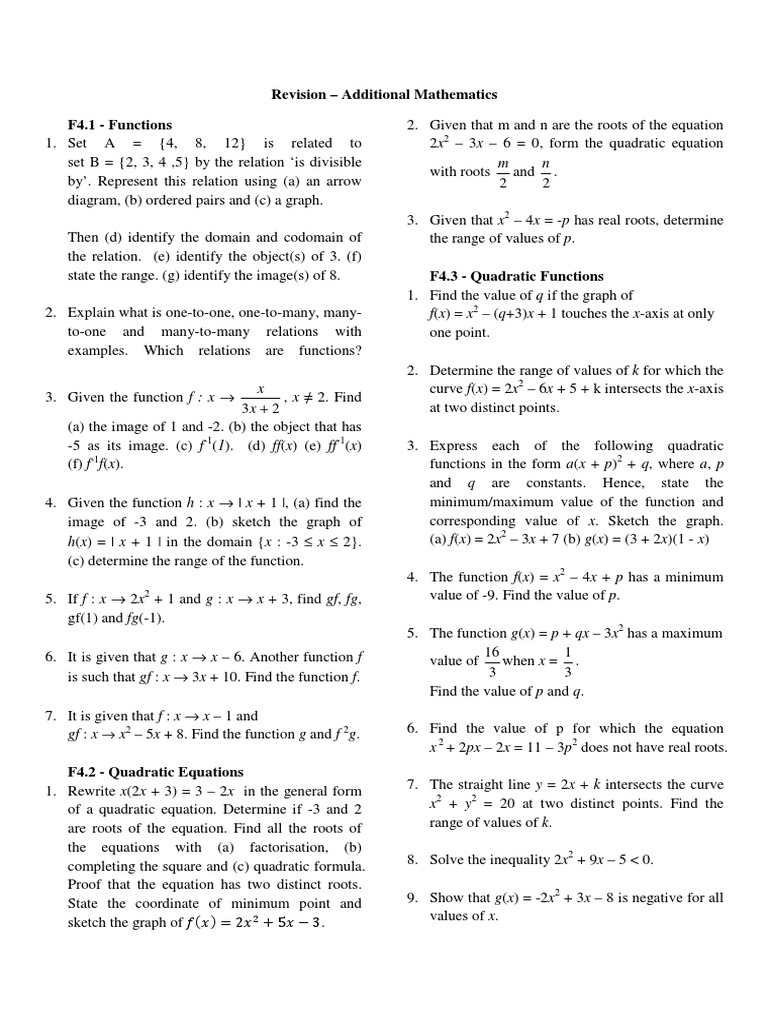 Form 4 Additional Mathematics Revision Questions | Download Free PDF ...