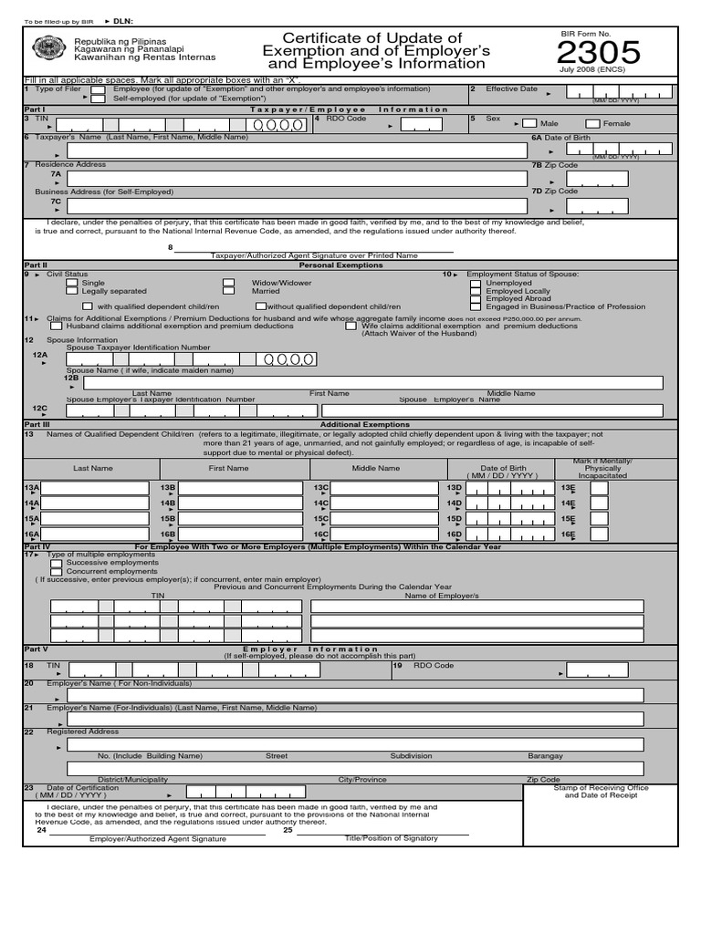 BIR Form 2305 | Taxation | Government Information