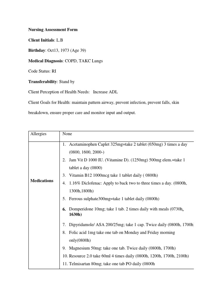 PATIENT 1 Nursing Assessment Form | PDF | Old Age | Senses