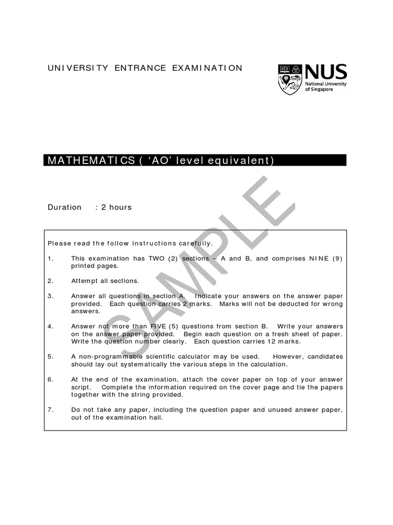 NUS AO Level Mathematics Exam Guide | PDF
