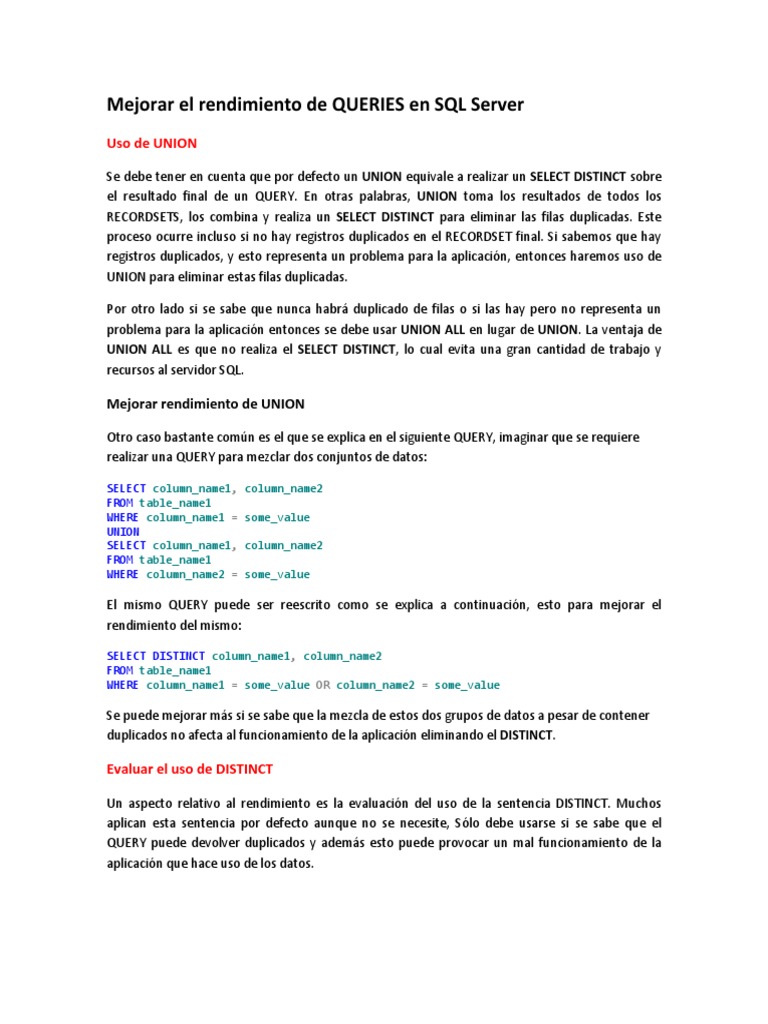 Mejorar El Rendimiento de QUERIES en SQL Server | PDF | SQL | Servidor ...