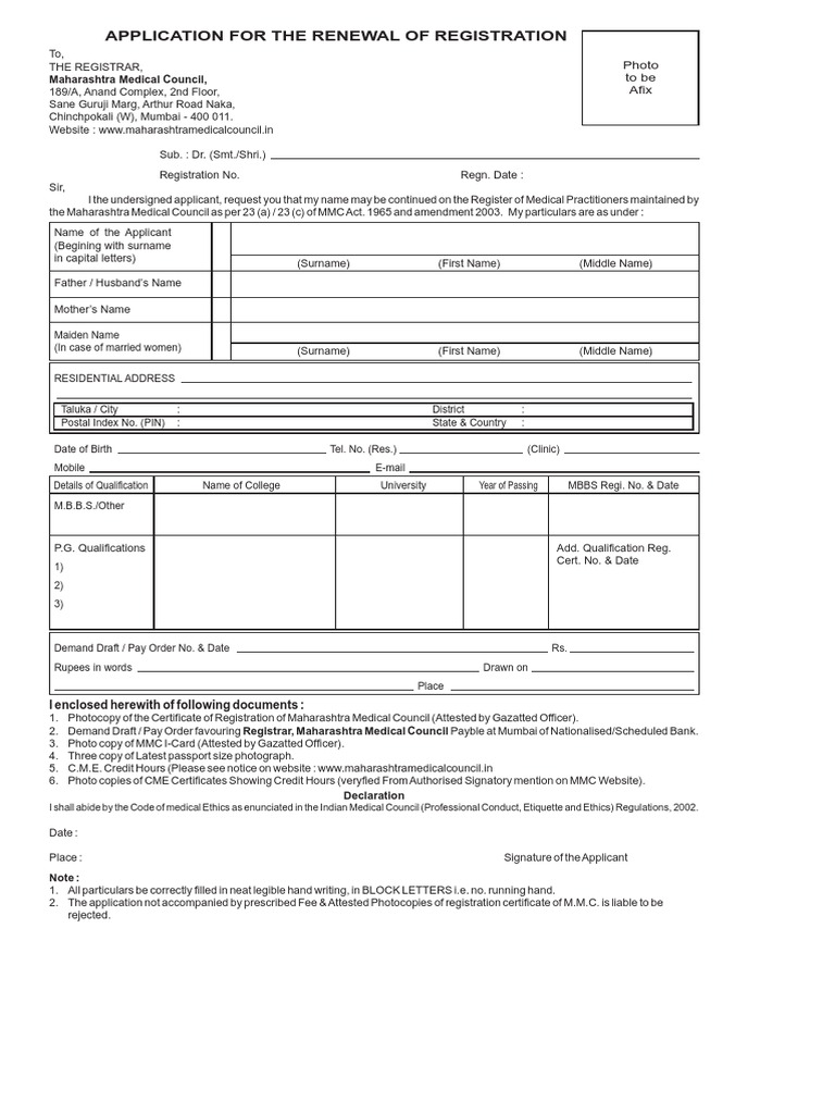 Application For The Renewal of Registration Maharashtra Medical Council ...