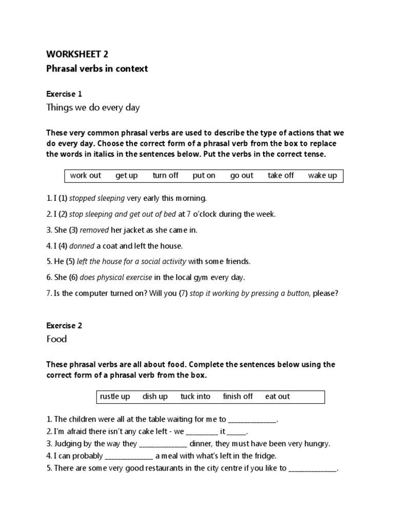 Phrasal Verbs Worksheet 2 | PDF | Phrase | Verb