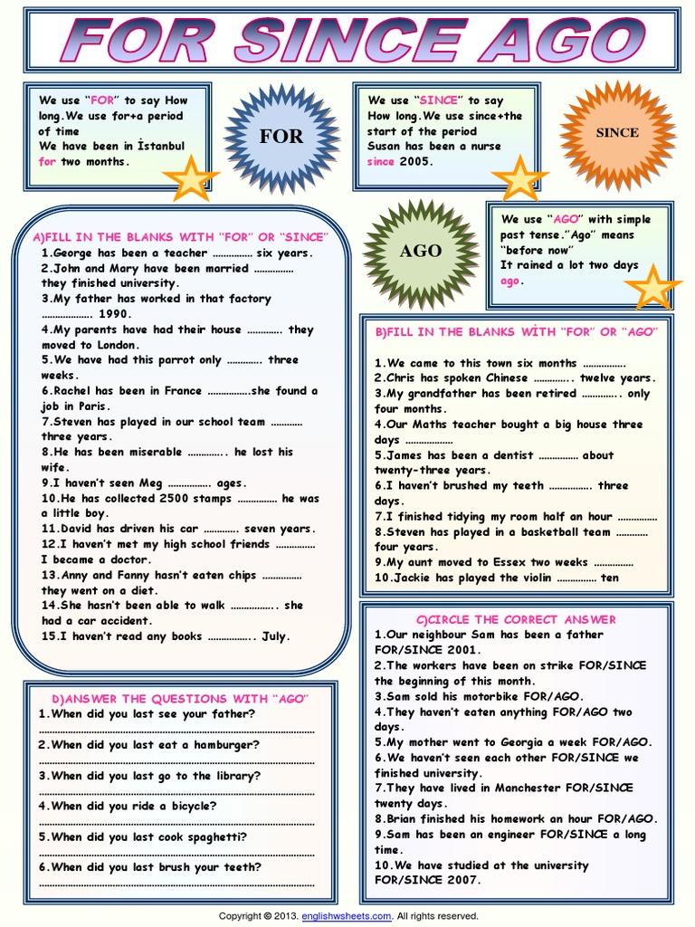 For Since Ago Grammar Explanation and Exercises Worksheet | PDF