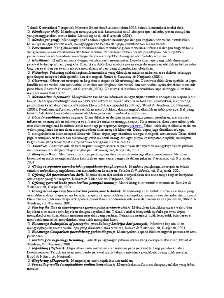 Teknik Komunikasi Terapeutik Menurut Stuart Dan Sundeen Tahun 1995 | PDF