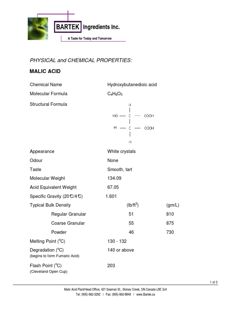 Malic Acid Properties | PDF | Acid Dissociation Constant | Ph