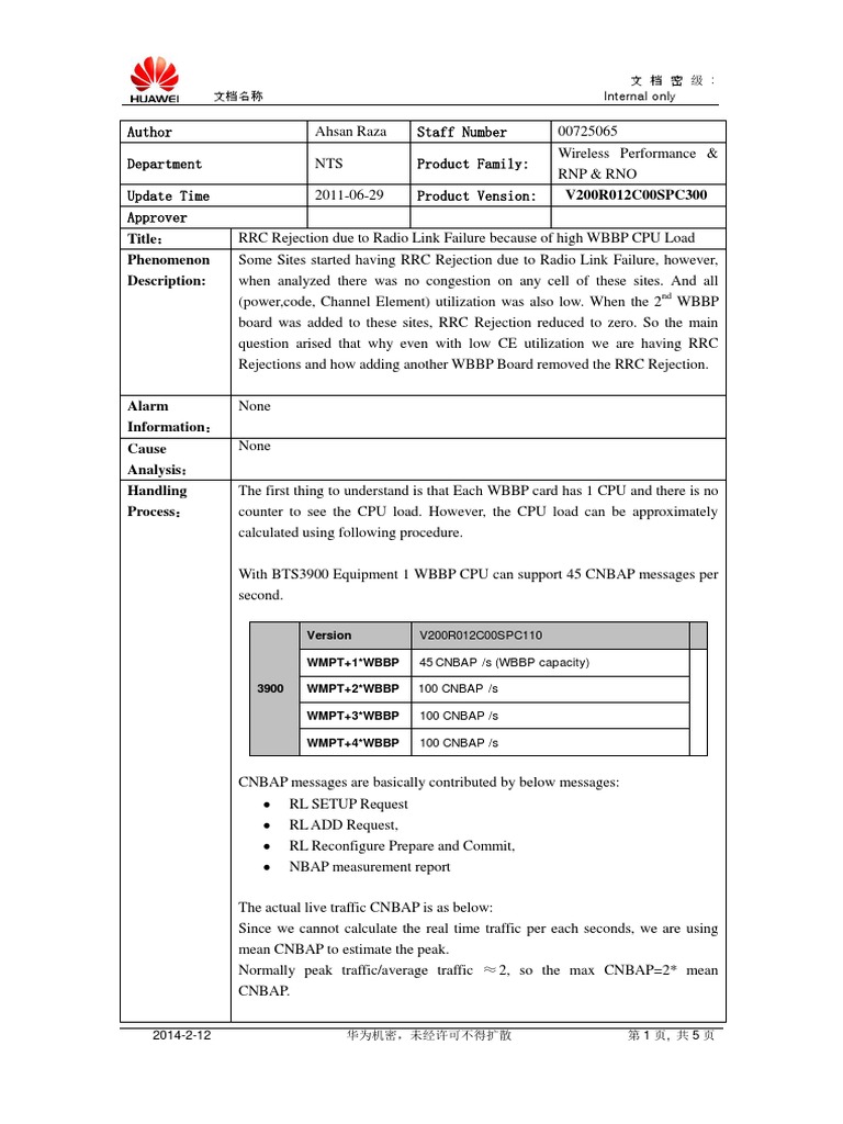 RRC Rejection Due To Radio Link Failure Because of High WBBP CPU Load ...