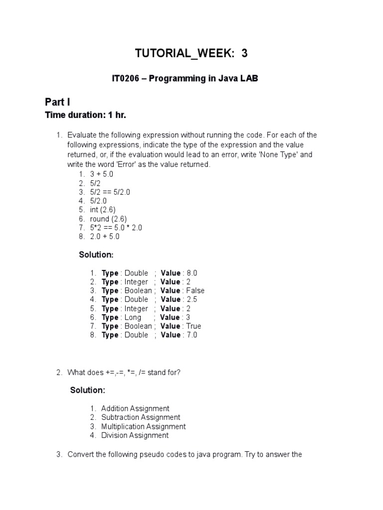Tutorial - Week: 3: IT0206 - Programming in Java LAB | Download Free PDF | Boolean Data Type ...