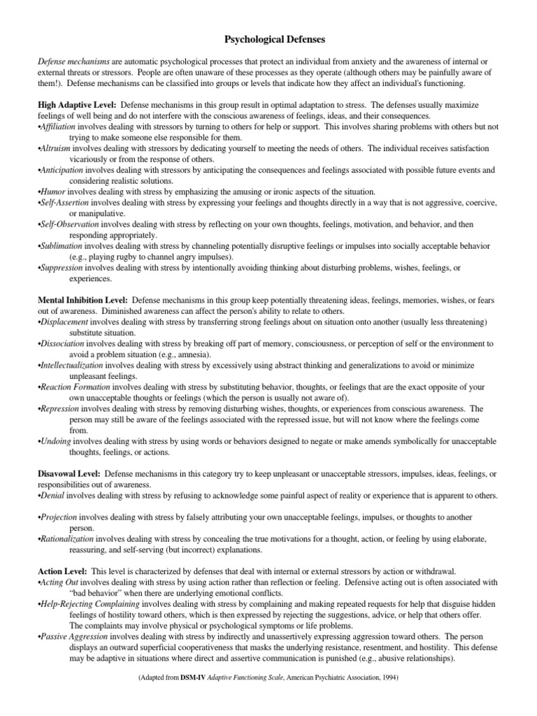 Defense Mechanisms Handout | Feeling | Thought
