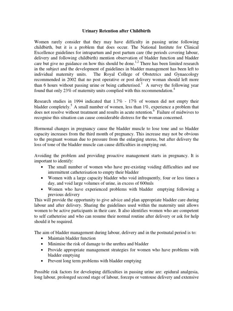 Urinary Retention Postpartum | PDF | Childbirth | Urinary Incontinence