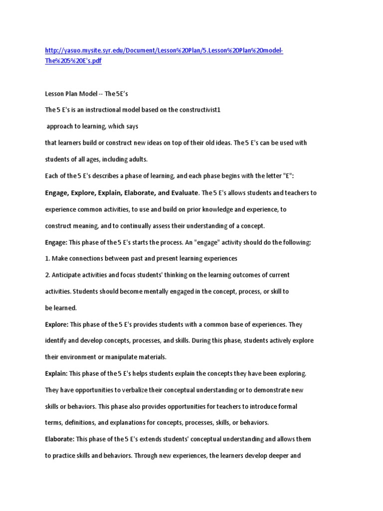 The 5 E's.pdf: Engage, Explore, Explain, Elaborate, and Evaluate | PDF