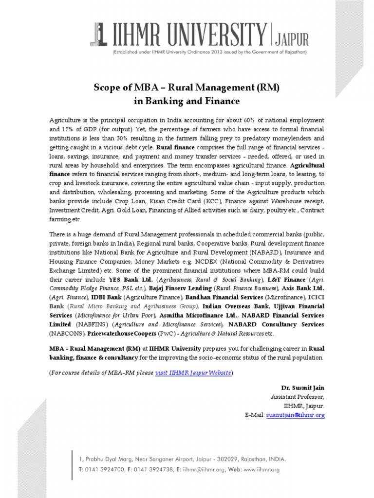 Scope of MBA in Rural Management in Banking & Finance | PDF | Banks ...