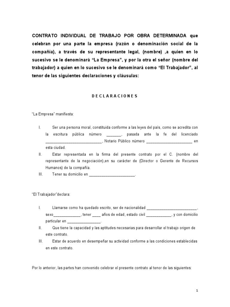 Contrato Individual de Trabajo Por Obra Determinada | Descargar gratis PDF | México | Salario