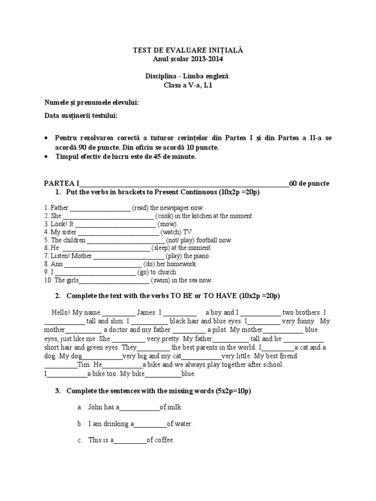 Test Initial Engleza V Cu Matrice Si Barem | PDF Test Initial Engleza V Cu Matrice Si Barem | PDF