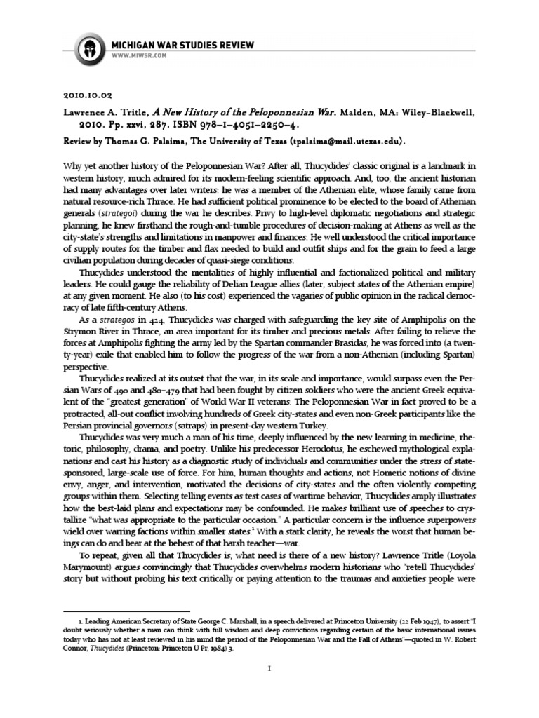 Lawrence A. Tritle, A New History of The Peloponnesian War. Malden, MA ...